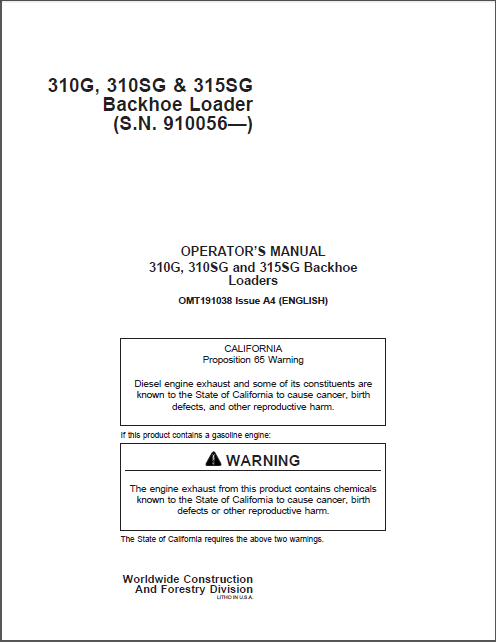 Models 310g 310sg 315sg Backhoe Loader Operators Manual – PDF DOWNLOAD ...