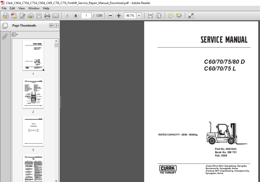 Clark C60d C70d C75d C80d C60l C70l C75l Forklift Service Repair Manual ...