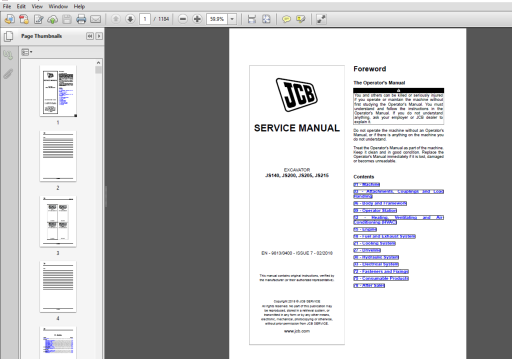 JCB Excavator JS140, JS200, JS205, JS215 Sevice Manual – PDF DOWNLOAD ...