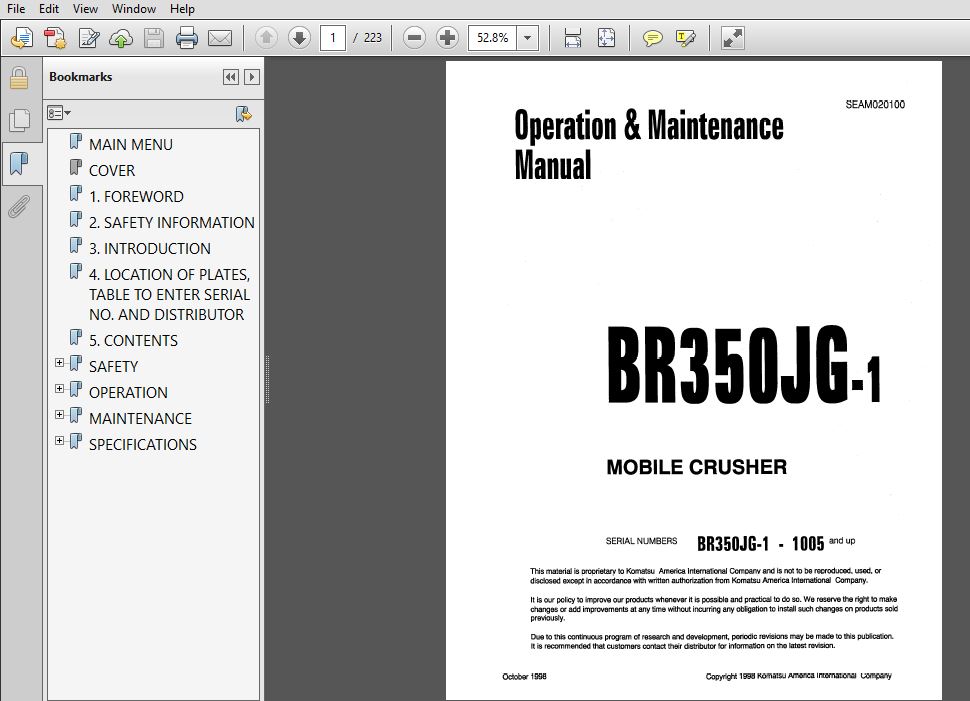 Komatsu Mobile Crusher BR350JG-1 Operator & Maintenance Manual SN 1005 ...
