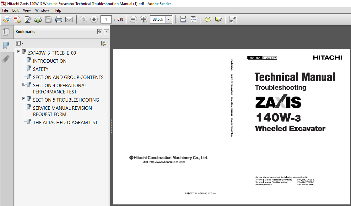 Hitachi Zaxis 140W 3 Wheeled Excavator Technical Troubleshooting Manual ...