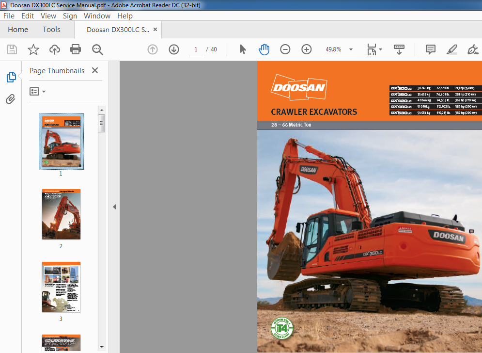 Doosan DX300LC Crawler Excavator Service Manual - PDF DOWNLOAD