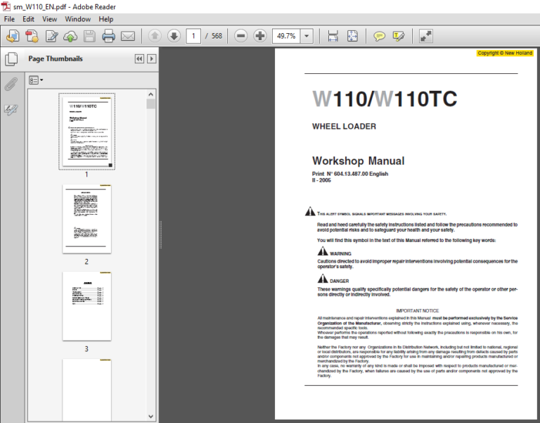 New Holland W110 W110TC Wheel Loader Workshop Manual 604.13.487.00 ...
