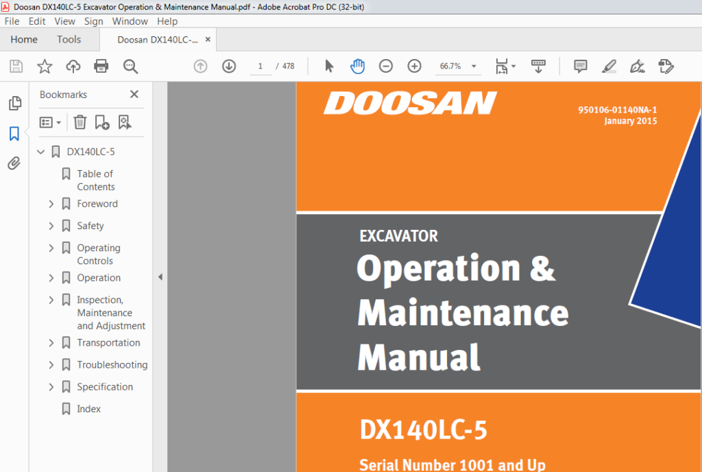 Doosan DX140LC-5 Excavator Operation & Maintenance Manual – PDF ...