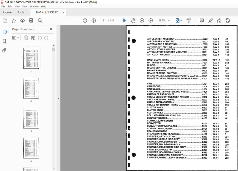 FIAT ALLIS FG65C MOTOR GRADER PARTS MANUAL - PDF DOWNLOAD