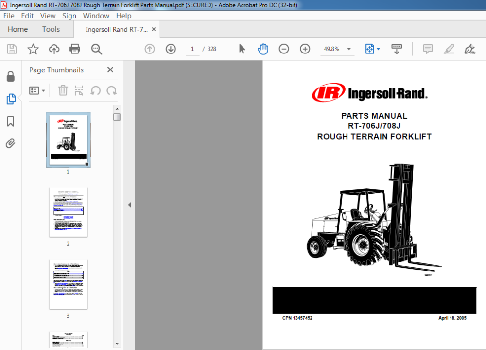 Ingersoll Rand RT-706J 708J Rough Terrain Forklift Parts Manual - PDF ...