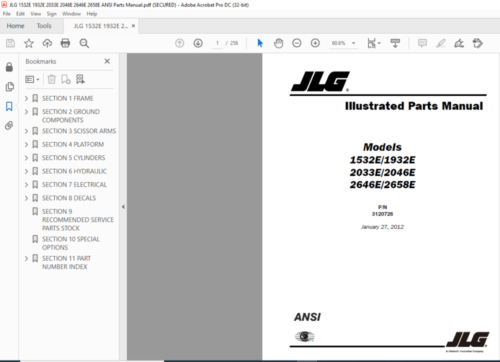 JLG 1532E 1932E 2033E 2046E 2646E 2658E ANSI Parts Manual - PDF DOWNLOAD
