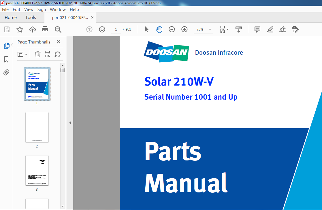 DAEWOO DOOSAN Solar210W V EXCAVATOR PARTS MANUAL SN 1001 AND UP - PDF ...