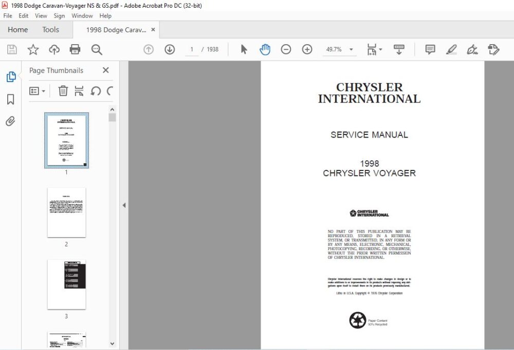 1998 CHRYSLER VOYAGERS SERVICE MANUAL – HeyDownloads – Manual Downloads