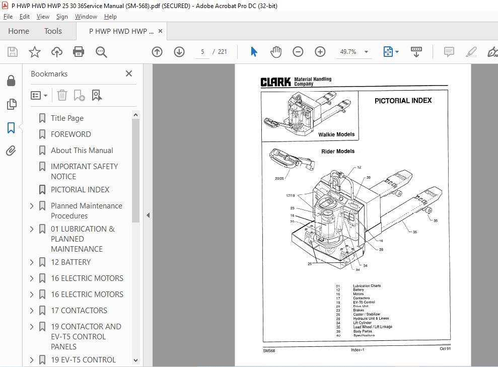 CLARK FORKLIFT SM 566 HWP-25 PWD-30 PWD-25 HWD-30 HWD-25 HWD-36 PWD-36 ...
