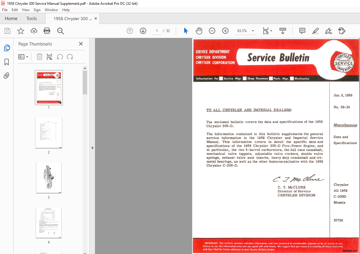 1958 Chrysler C-300D Service Manual Supplement – PDF DOWNLOAD ...
