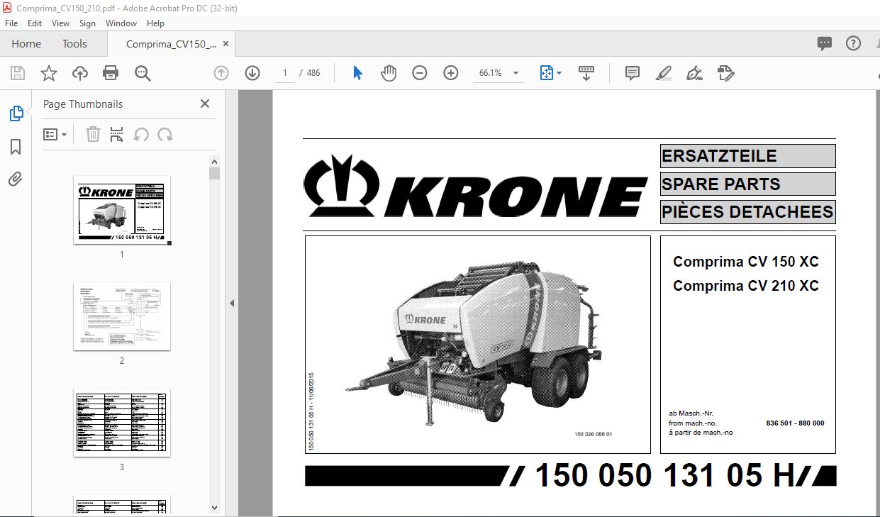 Krone Comprima CV 150 XC CV 210 XC Spare Parts Manual - PDF DOWNLOAD ...