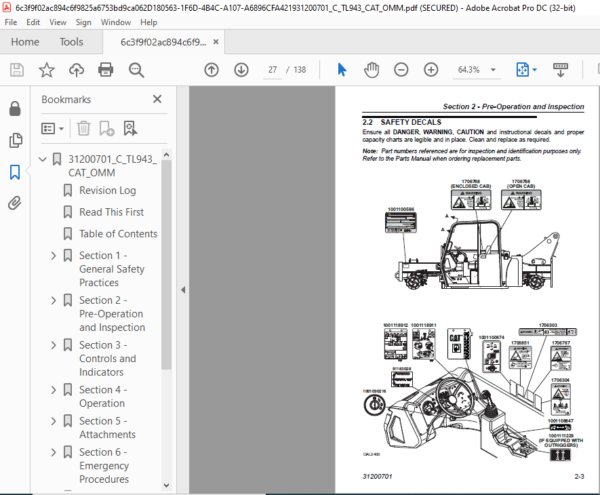 Cat TL943 Operation & Maintenance Manual - PDF DOWNLOAD