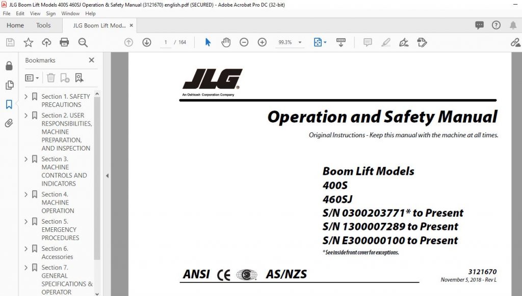 JLG Boom Lift Models 400S 460SJ Operation & Safety Manual (3121670 ...