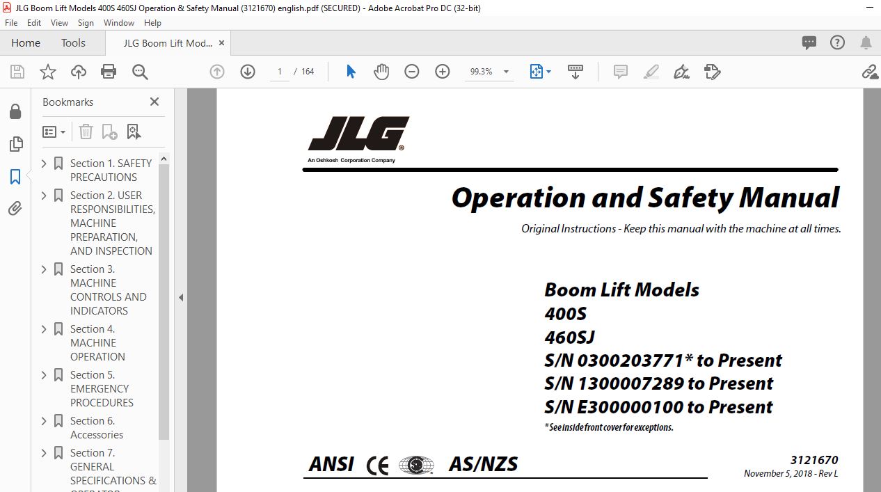 JLG Boom Lift Models 400S 460SJ Operation & Safety Manual (3121670 ...