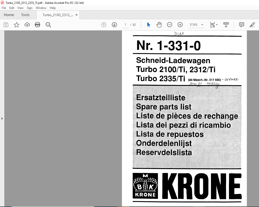 KRONE Turbo 2100/Ti, 2312/Ti Turbo 2335/Ti SPARE PARTS MANUAL- PDF ...