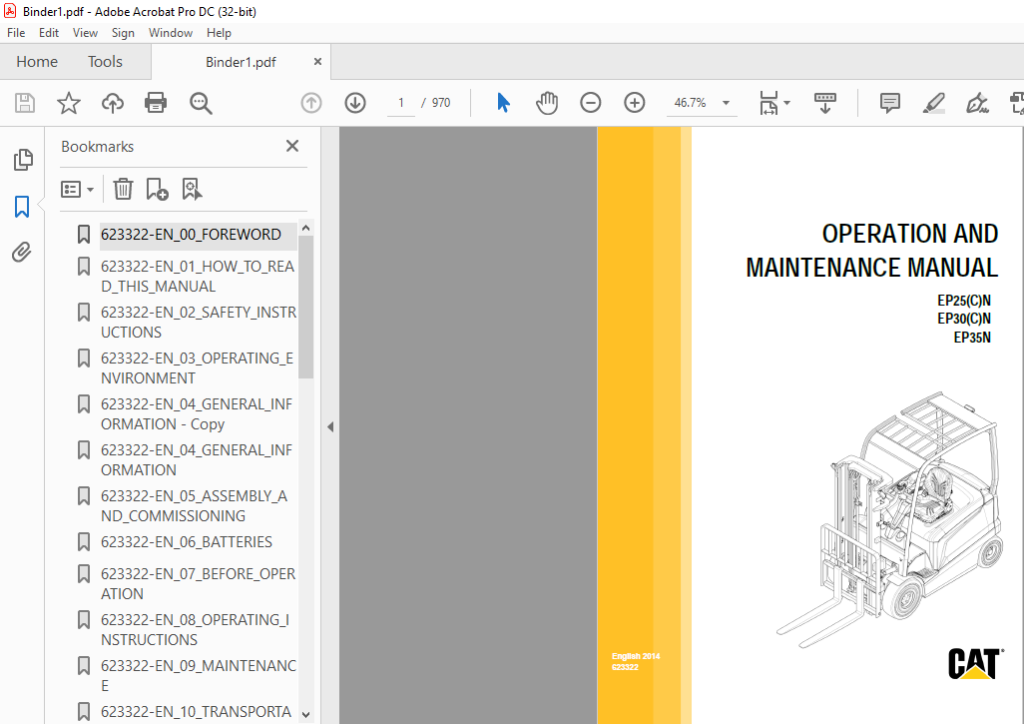 Caterpillar EP25(C)N EP30(C)N EP35N Operation & Maintenance Manual ...