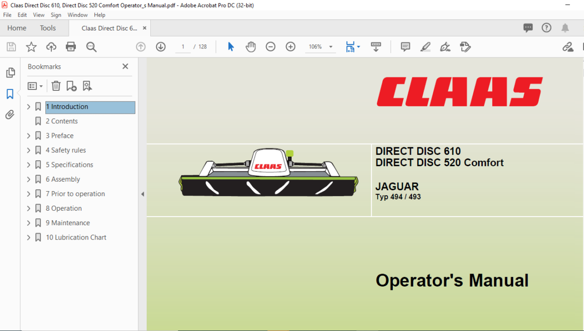 Claas Direct Disc 610 Direct Disc 520 Comfort Jaguar Operator’s Manual ...