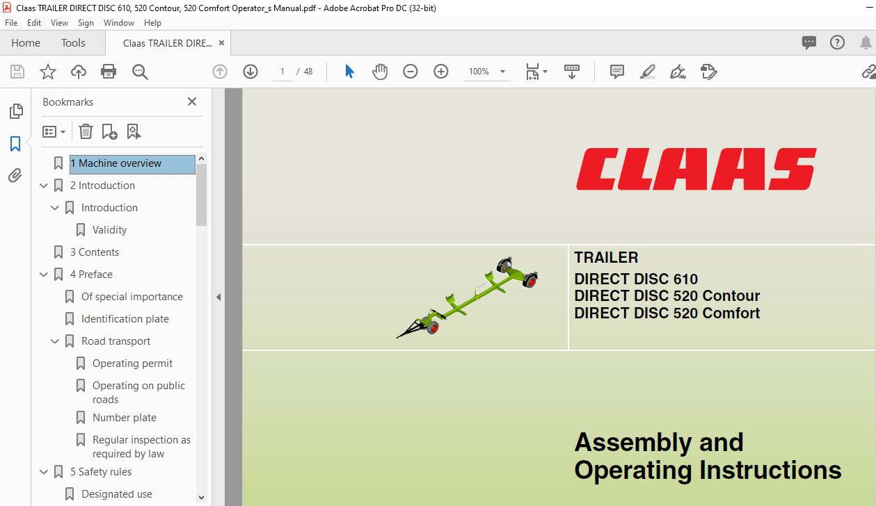 Claas TRAILER DIRECT DISC 610, 520 Contour, 520 Comfort Operator's ...