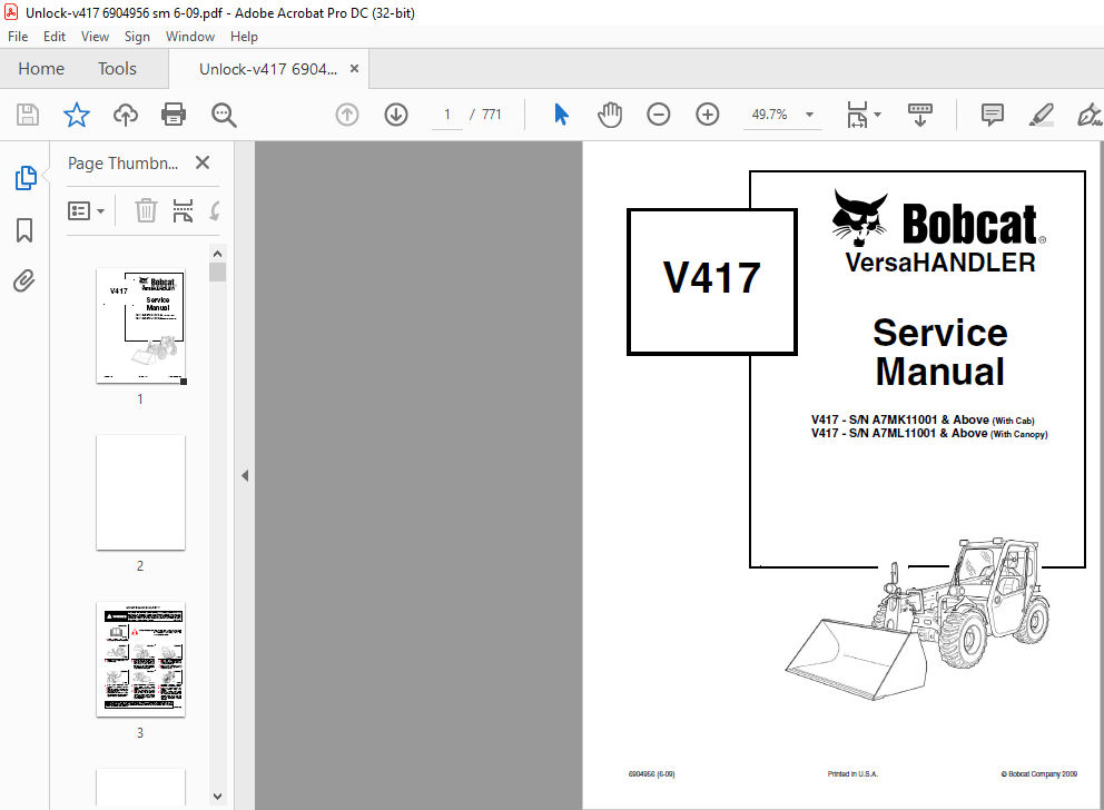 Bobcat V417 VersaHANDLER Service Manual 6904956 (6-09) - PDF DOWNLOAD