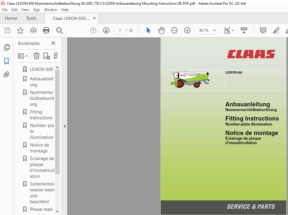CLAAS LEXION 600 Number-plate illumination Fitting Instructions Manual ...