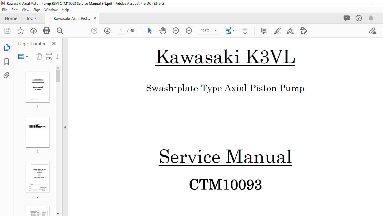 Kawasaki Axial Piston Pump K3Vl CTM10093 Service Manual EN – PDF ...
