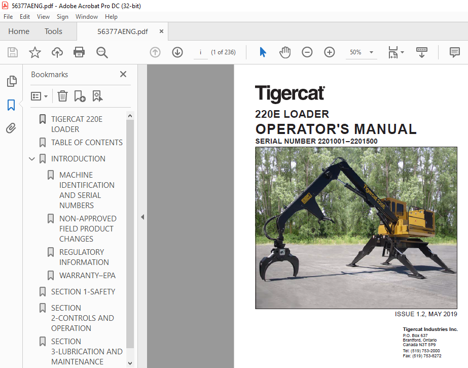 Tigercat 220E LOADER OPERATOR'S MANUAL SN 2201001–2201500 - PDF ...