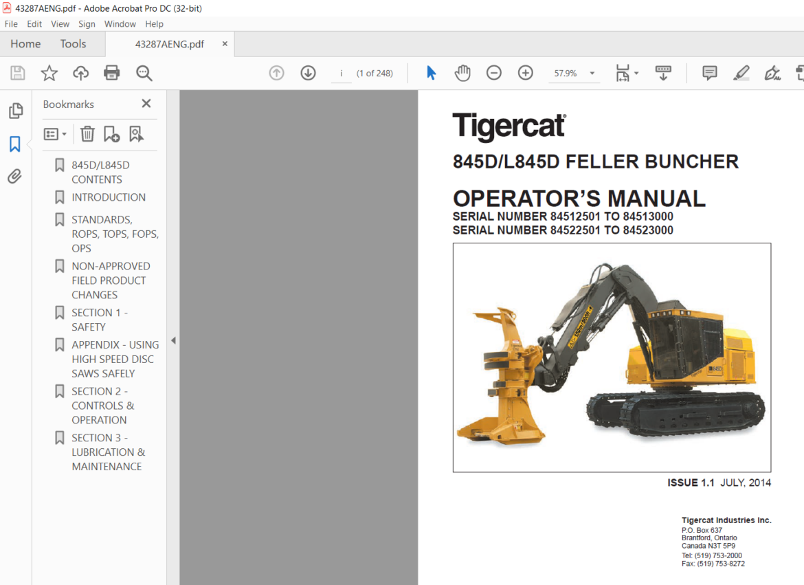Tigercat 845D L845D FELLER BUNCHER OPERATOR’S MANUAL - PDF DOWNLOAD