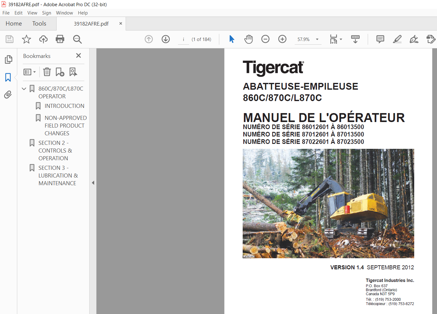 Tigercat ABATTEUSE-EMPILEUSE 860C 870C L870C MANUEL DE L’OPÉRATEUR ...