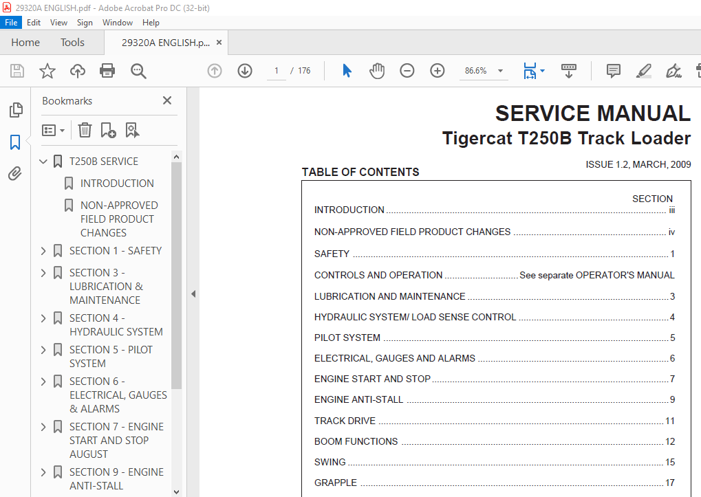 Tigercat T250B Track Loader SERVICE MANUAL - PDF DOWNLOAD