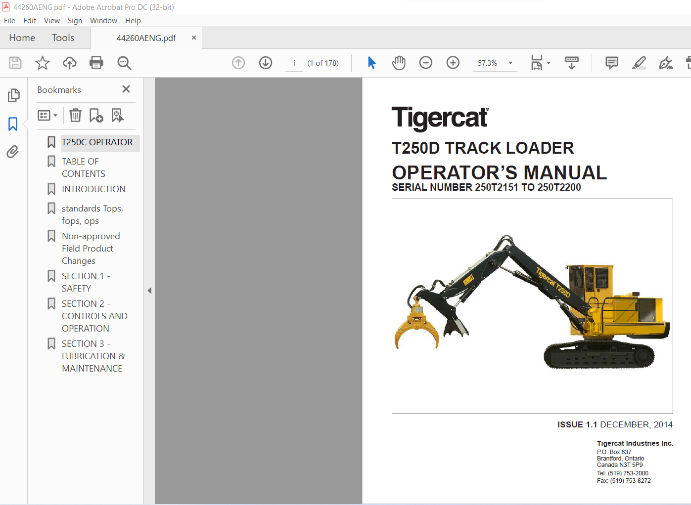 Tigercat T250D TRACK LOADER Operator’s Manual SN 250T2151 – 250T2200 ...