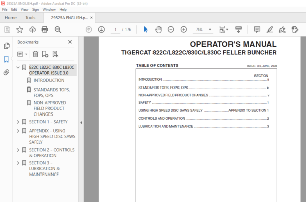 Tigercat 822C L822C 830C L830C FELLER BUNCHER OPERATOR'S MANUAL - PDF ...