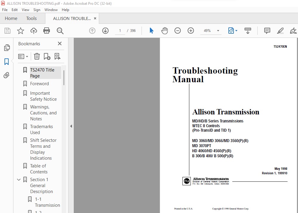 Allison Transmission WTEC II Electronic Controls Troubleshooting Manual ...