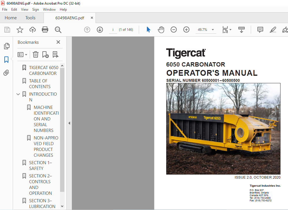Tigercat 6050 CARBONATOR OPERATOR'S MANUAL SN 60500001–60500500 - PDF ...