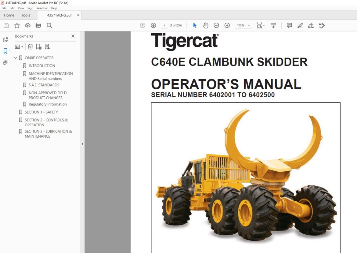 Tigercat C640E CLAMBUNK SKIDDER OPERATOR’S MANUAL SN 6402001 TO 6402500 ...