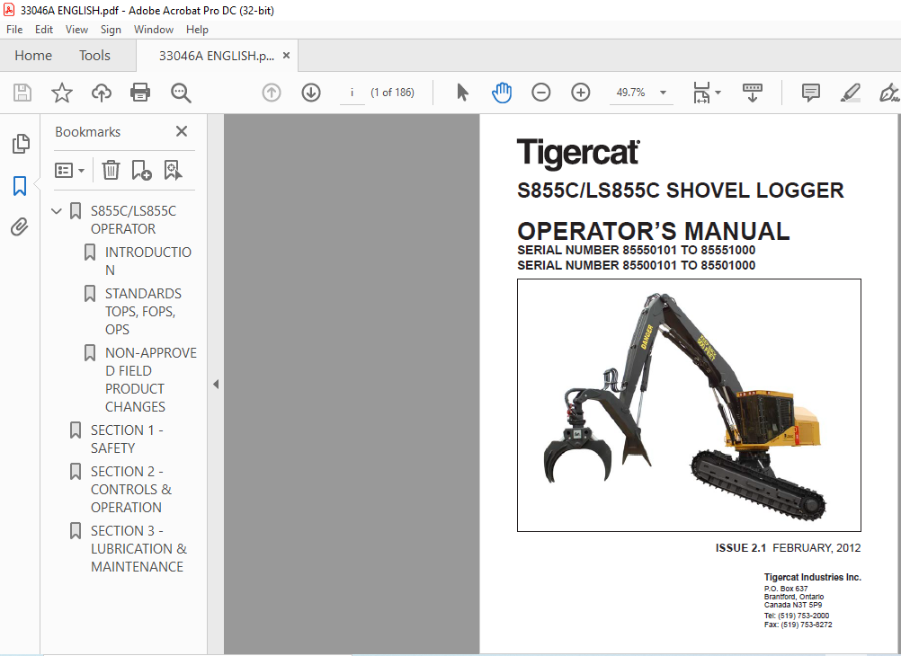 Tigercat S855C LS855C SHOVEL LOGGER OPERATOR’S MANUAL - PDF DOWNLOAD ...
