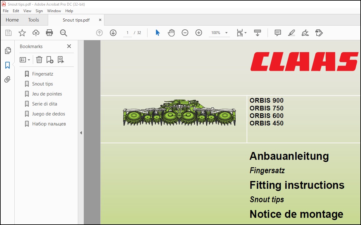 CLAAS Forage Harvester ORBIS 900 750 600 450 Snout tips Fitting ...