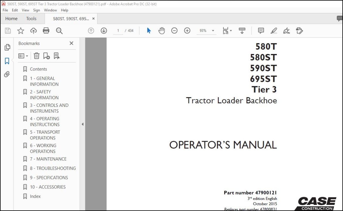 Case 580T 580ST 590ST 695ST Tier 3 Tractor Loader Backhoe Operator's ...