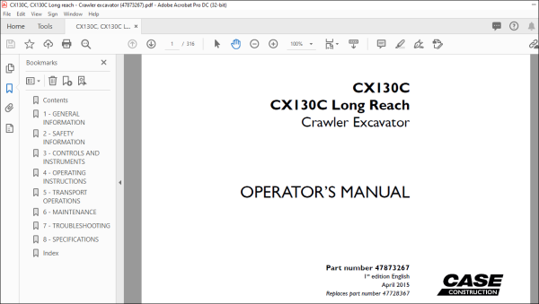 Case CX130C CX130C Long Reach Crawler Excavator Operator’s Manual ...