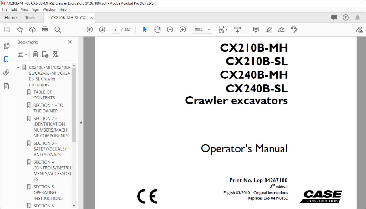 Case CX210B-MH CX210B-SL CX240B-MH CX240B-SL Crawler Excavators ...