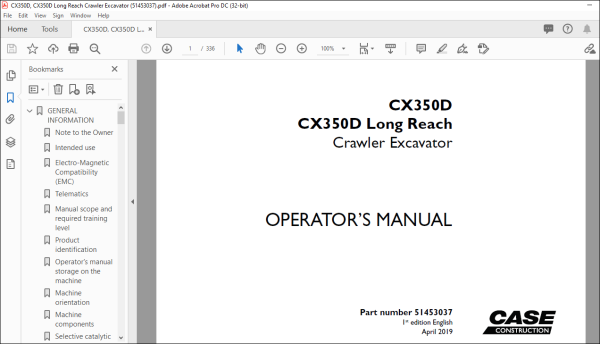 Case CX350D CX350D Long Reach Crawler Excavator Operator's Manual ...