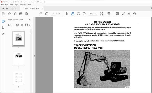 Case Poclain 1088CS-1088 Maxi Track Excavator Operators Manual 9-13242 ...