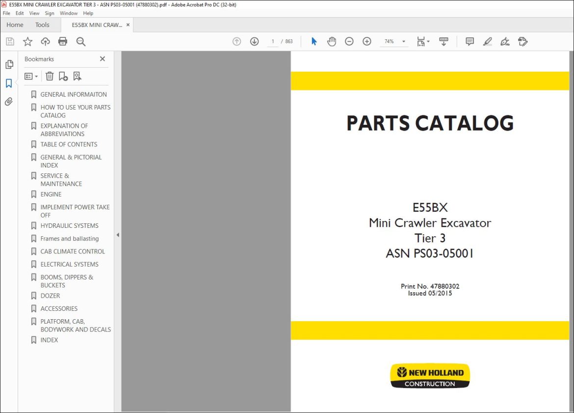 New Holland E55BX Mini Crawler Excavator Tier 3 ASN PS03-05001 PARTS ...
