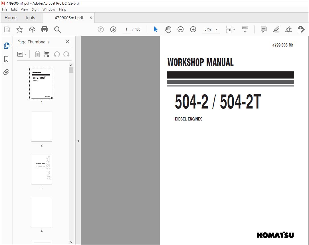 Komatsu 504-2 504-2T Diesel Engine Workshop Manual 4799006M1 – PDF ...