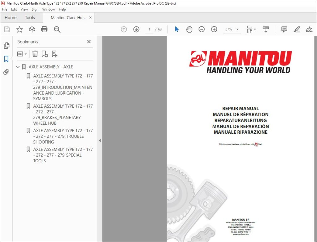 Manitou Clark-Hurth Axle Type 172 177 272 277 279 Repair Manual ...