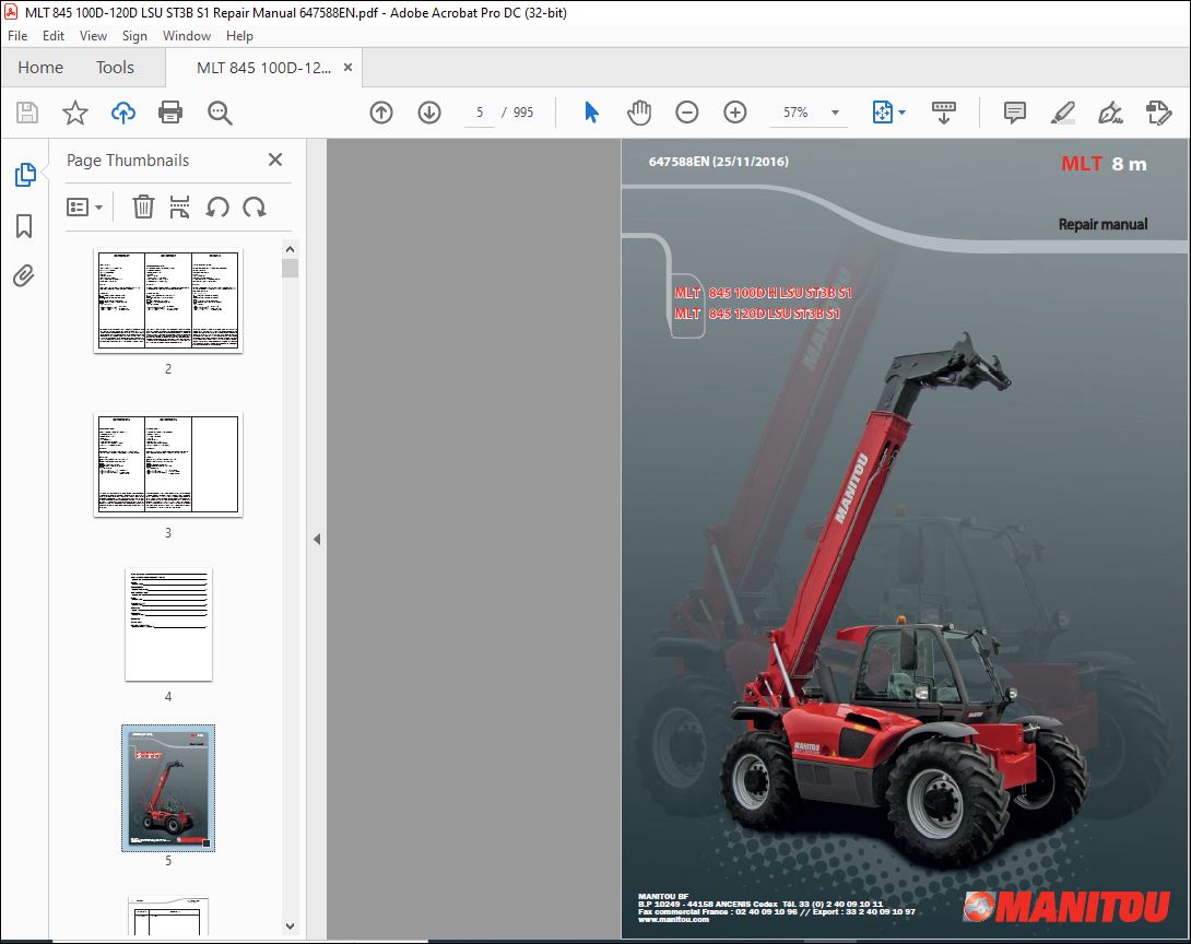 Manitou MLT 845 100D H LSU ST3B S1 MLT 845 120D LSU ST3B S1 Repair ...