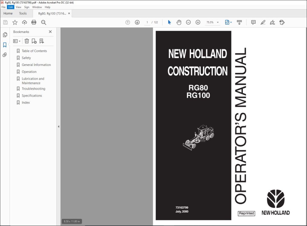 New Holland RG80 RG100 Motor Grader Operator's Manual 73163799 - PDF ...