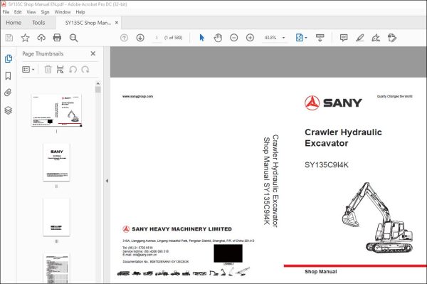 Sany SY135C9I4K Crawler Hydraulic Excavator Shop Manual – PDF DOWNLOAD ...