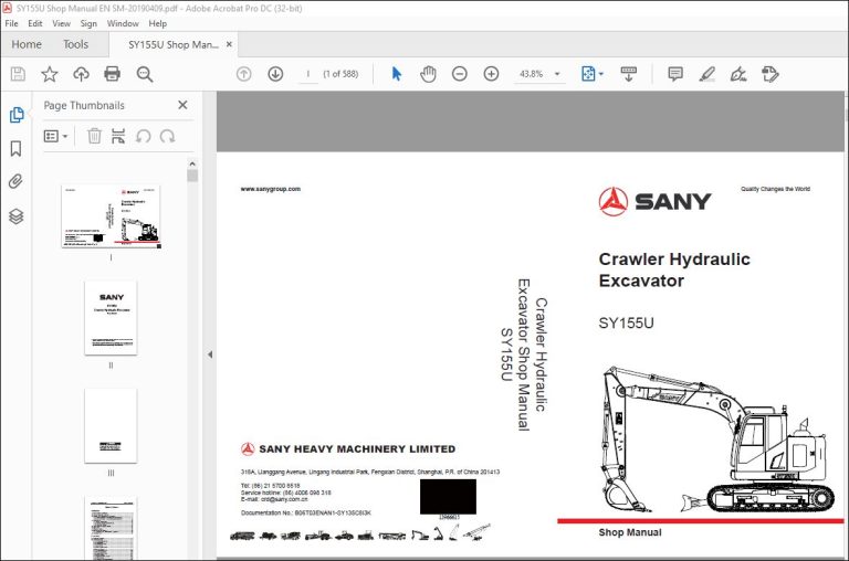 Sany SY155U Crawler Hydraulic Excavator Shop Manual - PDF DOWNLOAD