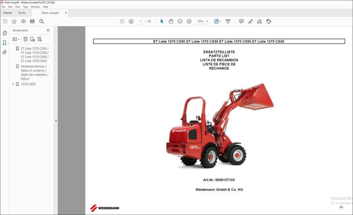 Wacker Neuson 1370 CX50 Weidemann Wheel Loader Parts List Manual – PDF ...